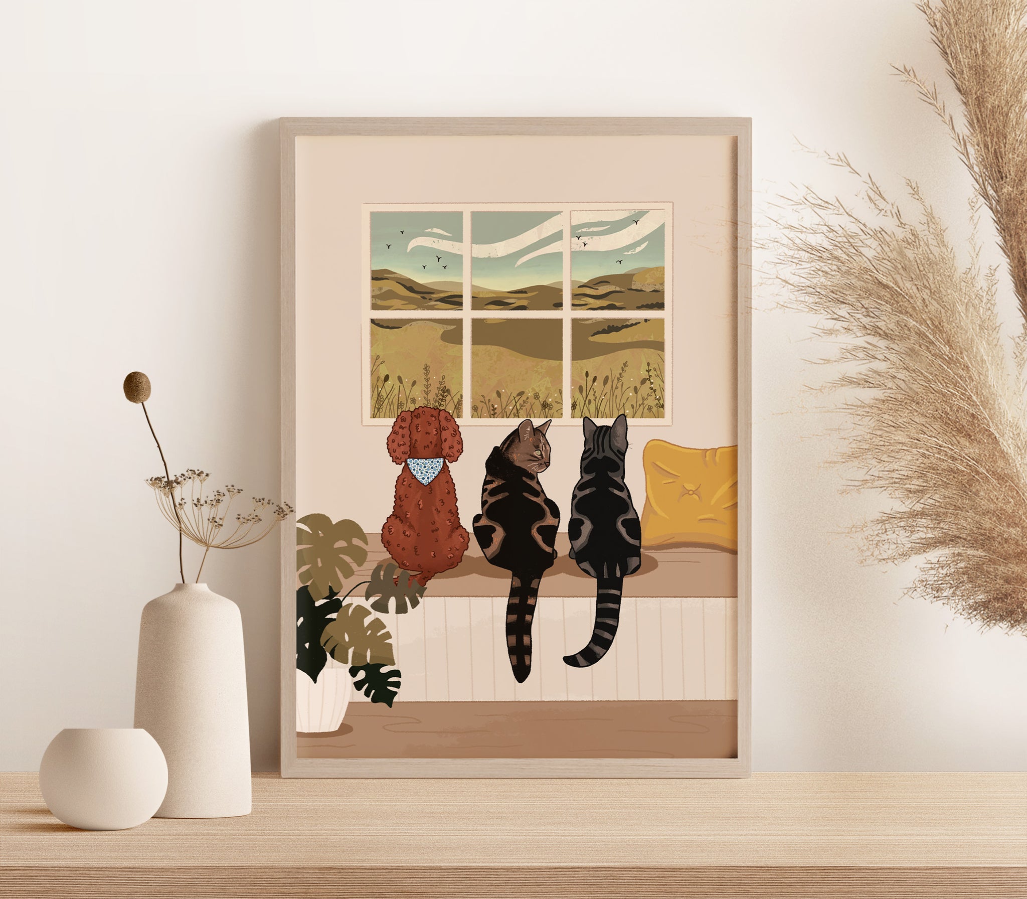 Personalised Pets Watching the Birds Outside the Window Print (unframe ...