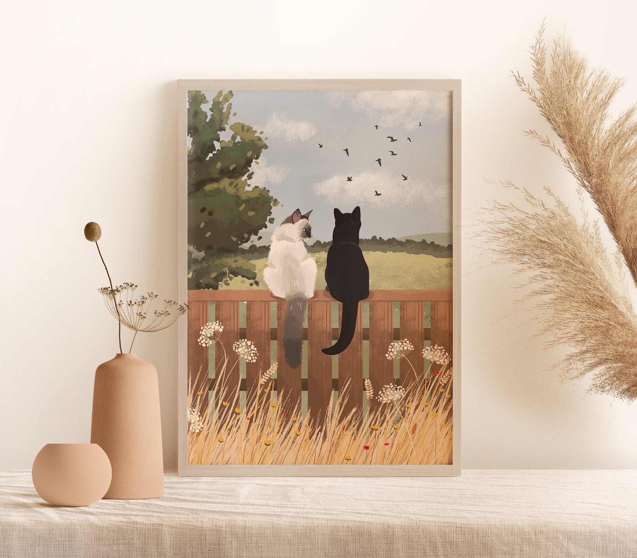 Personalised Cats Sitting on Fence in Countryside Print (unframed ...